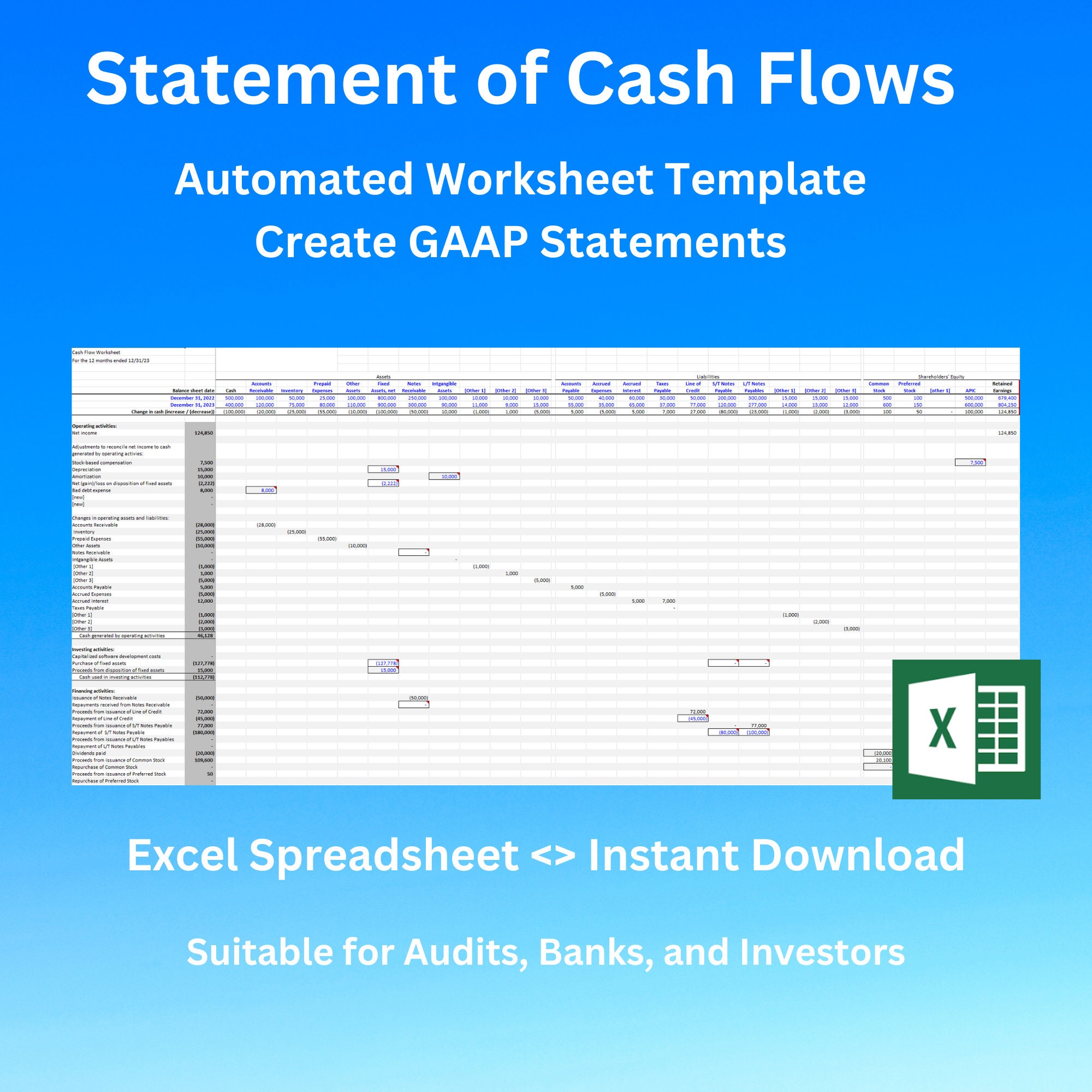 Statement of Cash Flows Worksheet Template Create GAAP Indirect Method ...