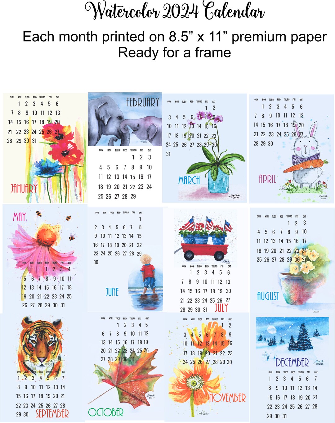 Watercolor 2024 Calendar - Etsy