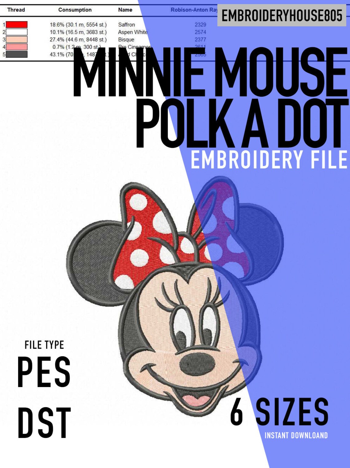 Minnie Mouse Polk A Dot Embroidery File. 6 Sizes PES DST. - Etsy