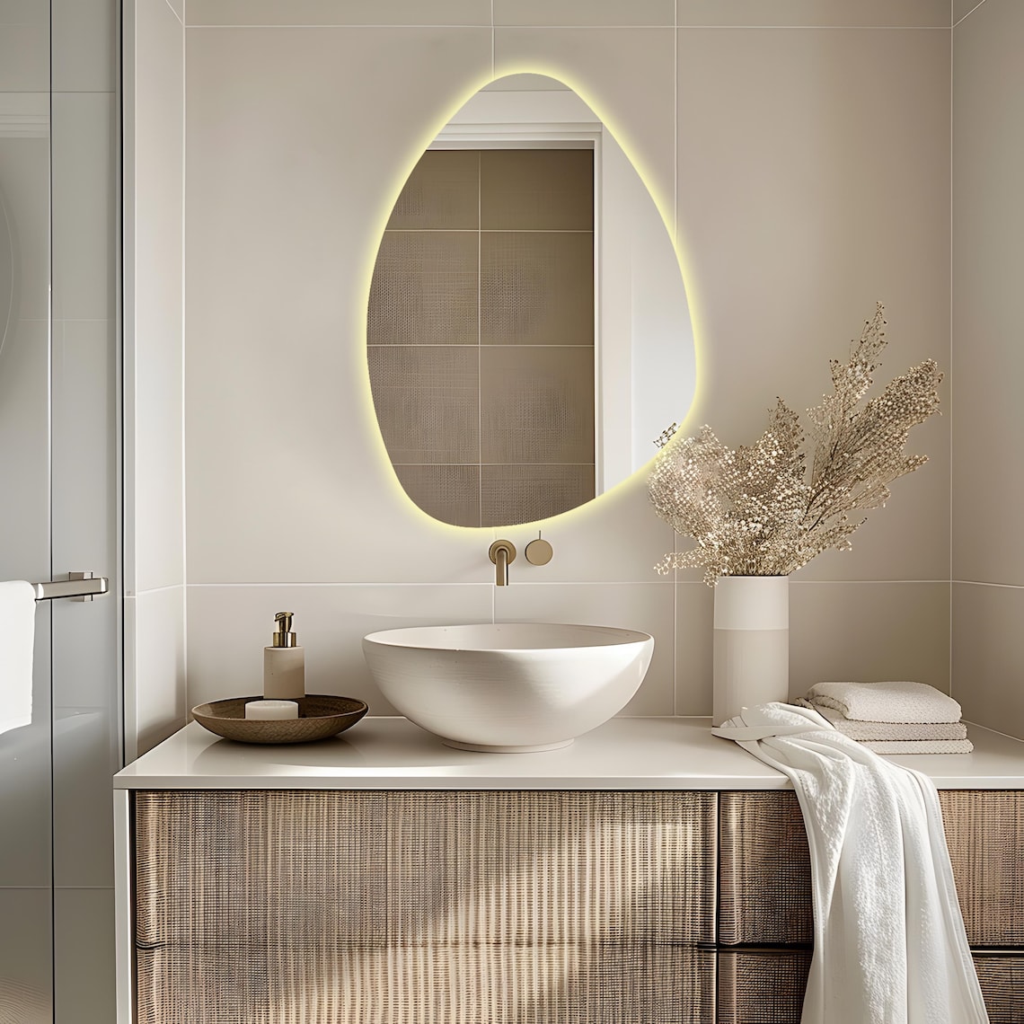 Irregular LED Bathroom Mirror – Backlit Pebble Design, Vanity Mirror ...