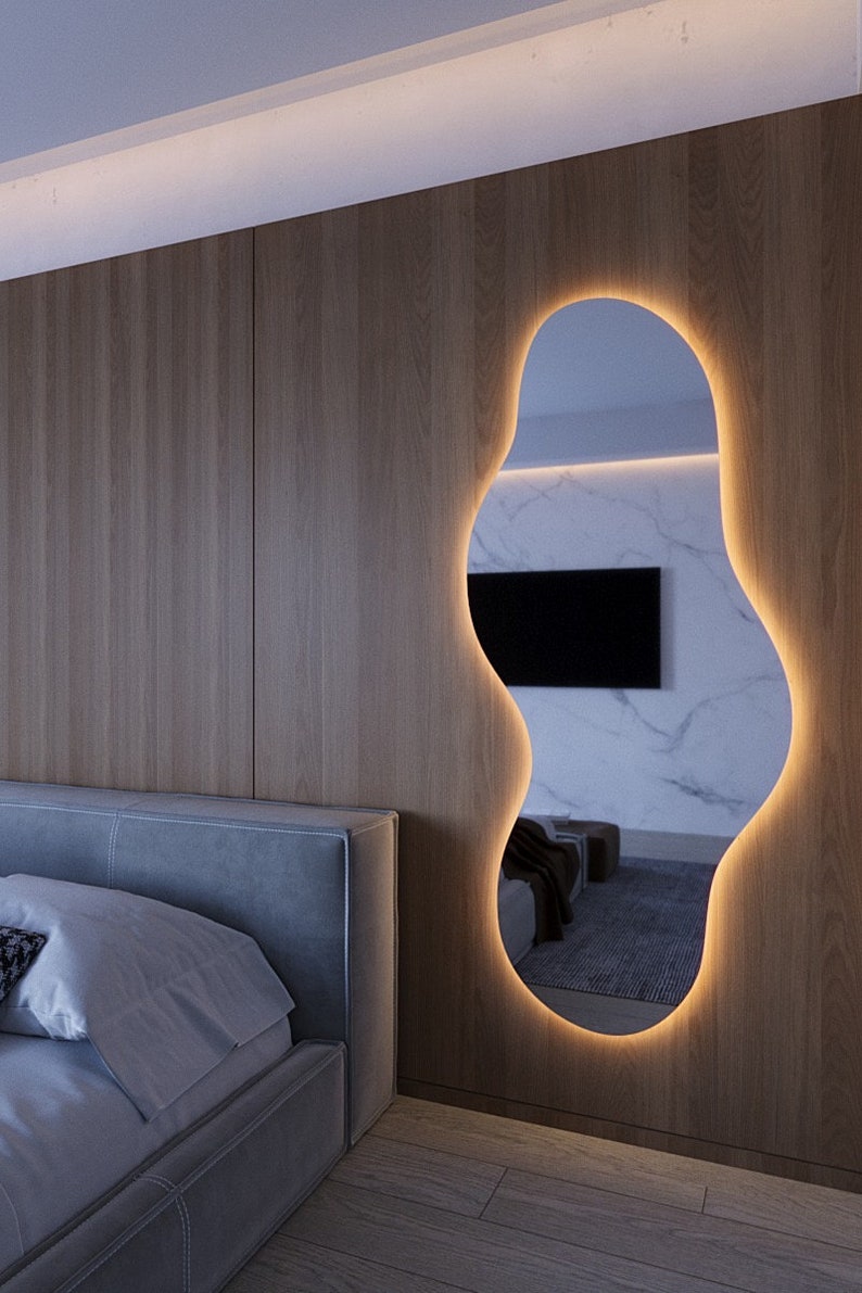 Full Length Floor Mirror With Asymmetrical Led Light Irregular Modern ...