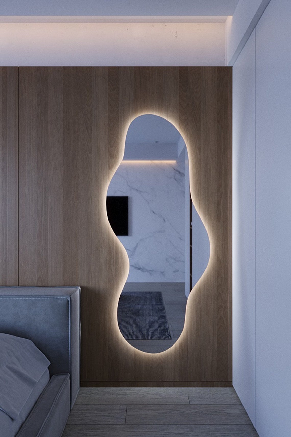 Full Length Floor Mirror With Asymmetrical Led Light Irregular Modern ...