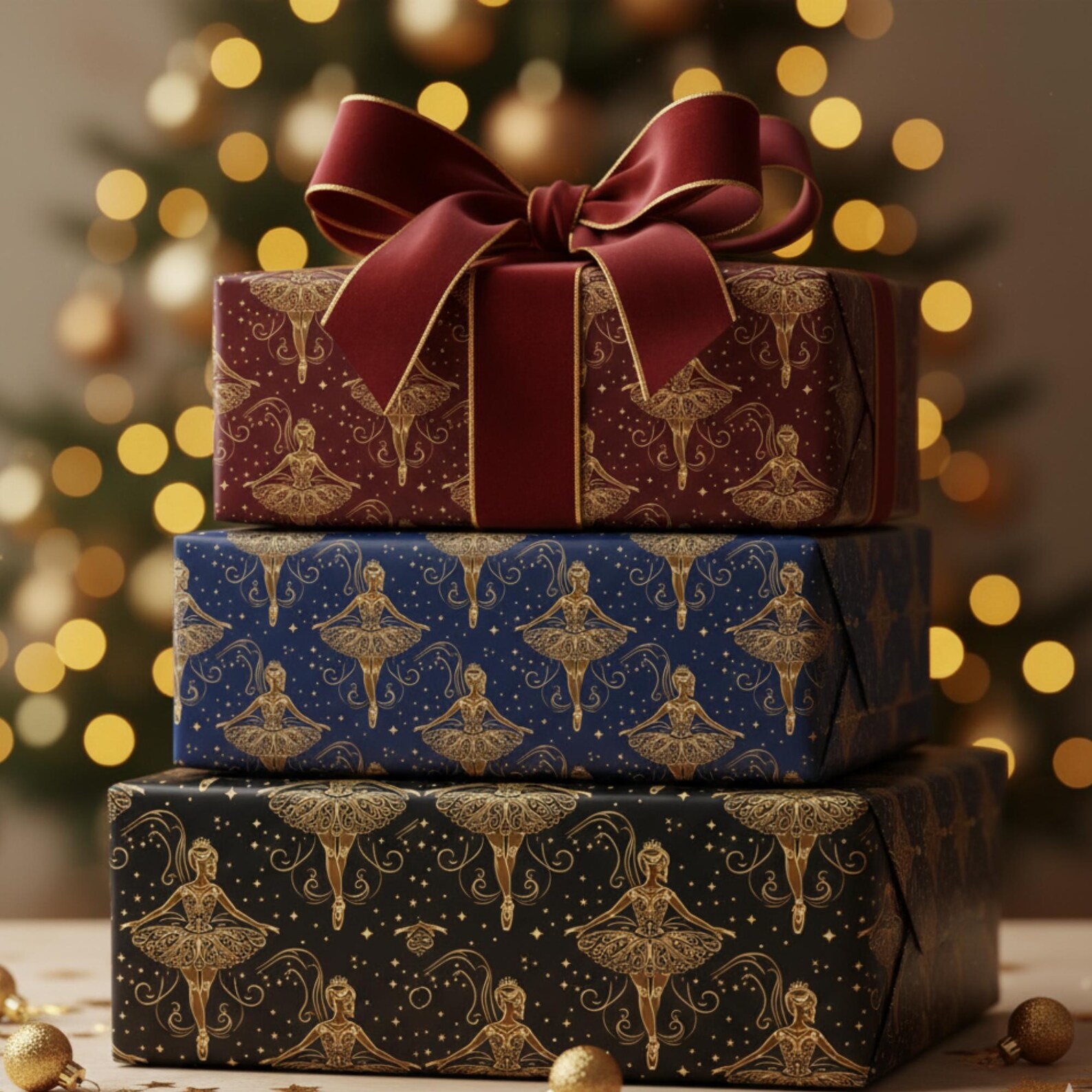 Gold Ballerina Pattern Gift Wrap Paper | Burgundy Ballet Wrapping Paper ...