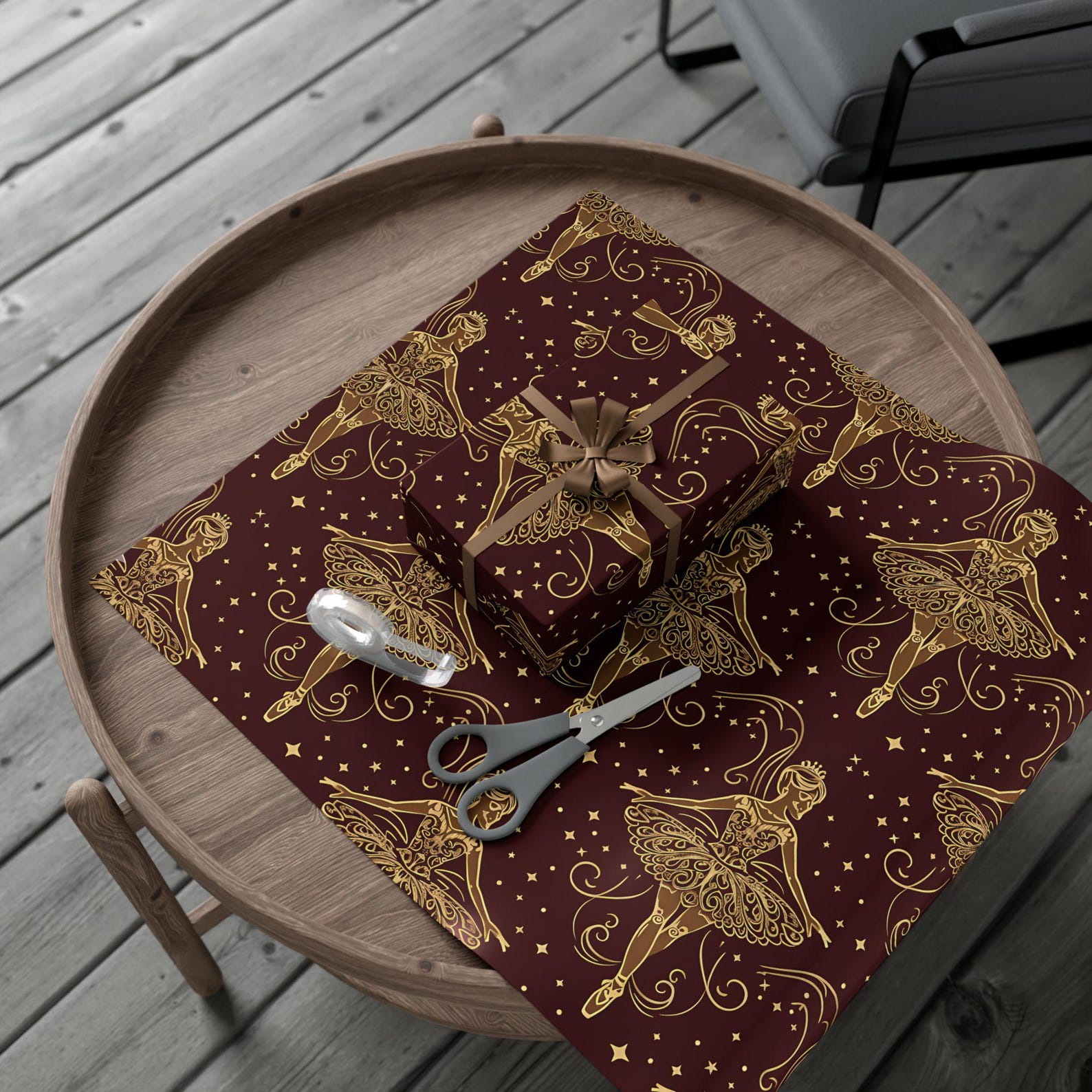 Gold Ballerina Pattern Gift Wrap Paper | Burgundy Ballet Wrapping Paper ...