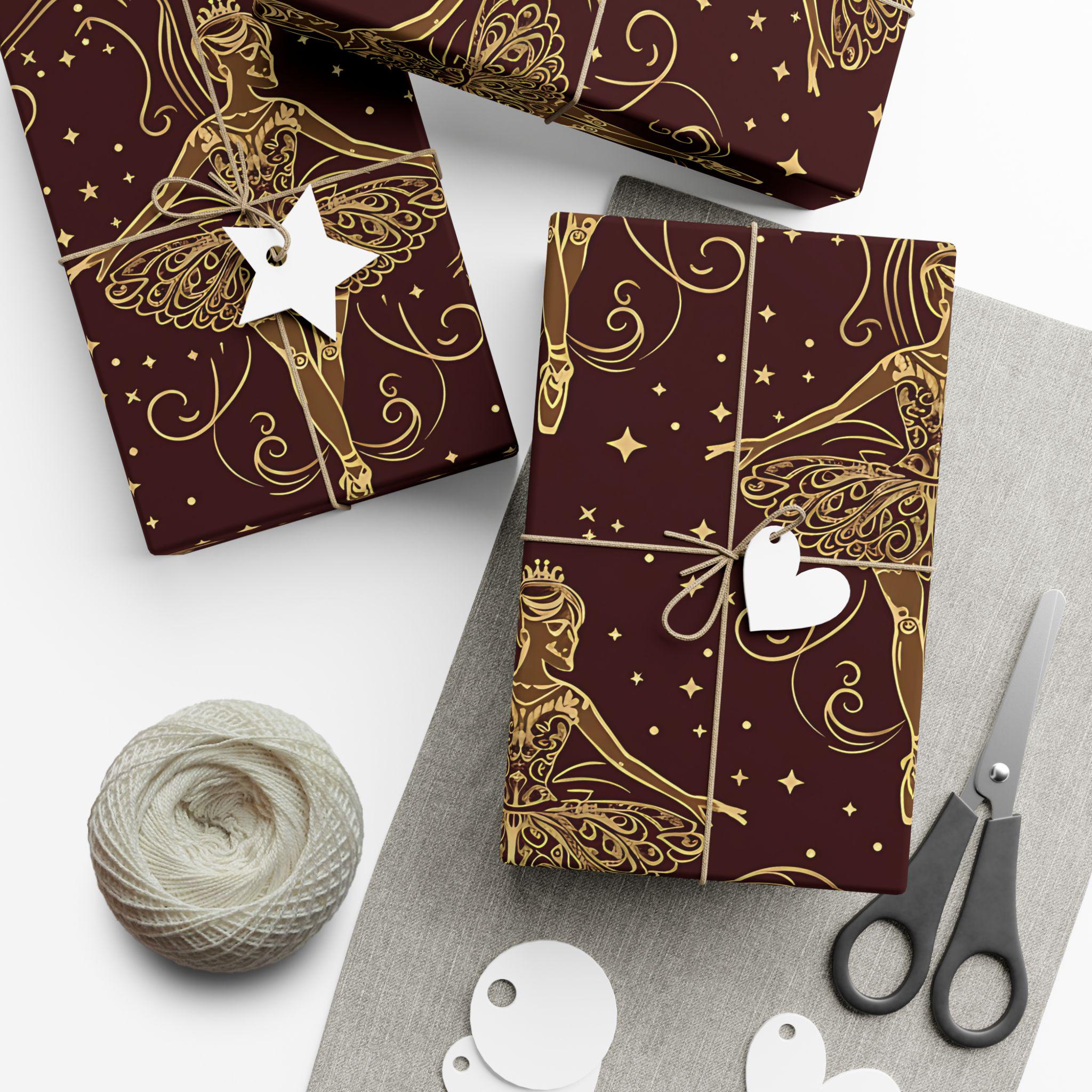 Gold Ballerina Pattern Gift Wrap Paper | Burgundy Ballet Wrapping Paper ...