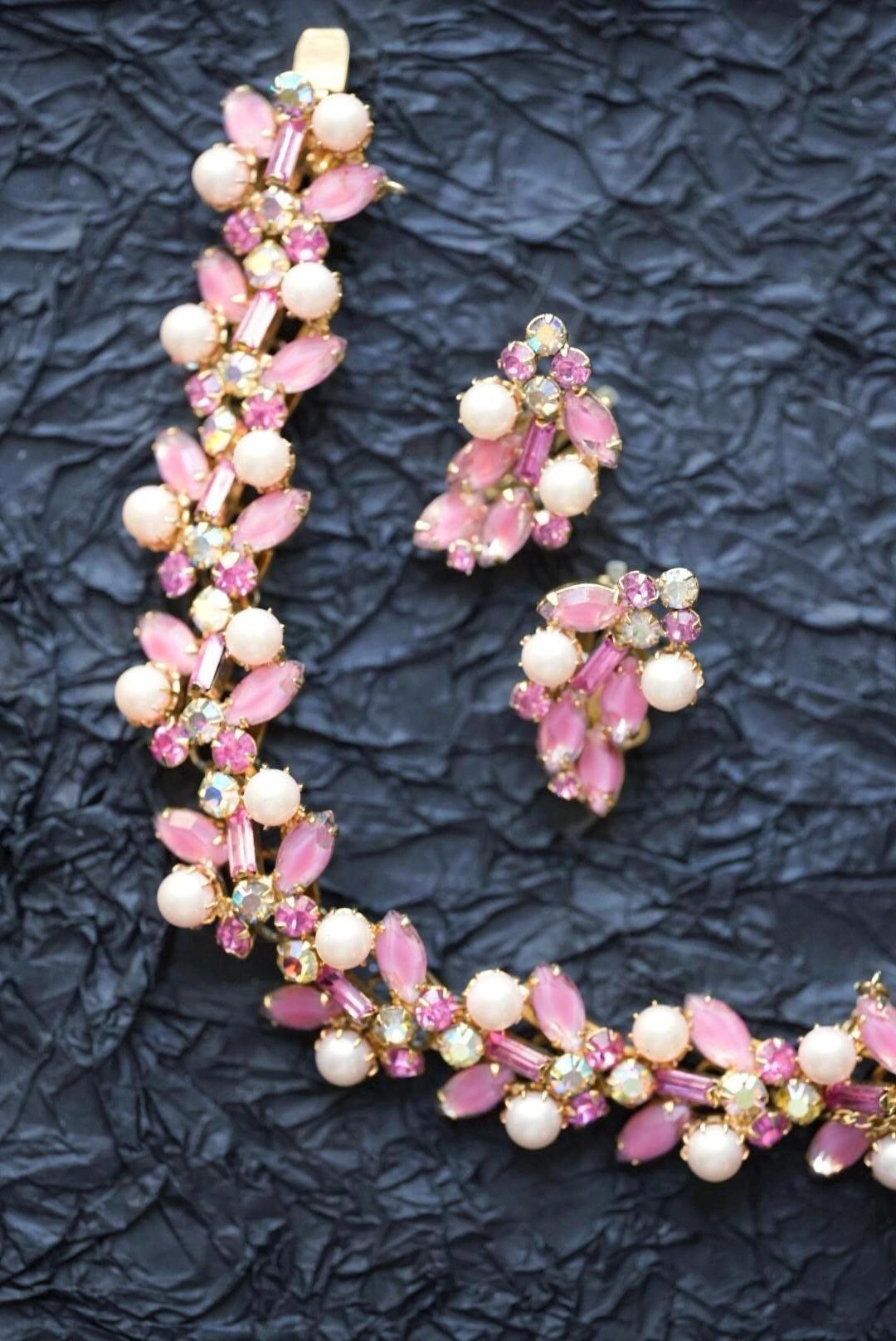 Vintage Kramer Pink Glass With Pearl Bracelet Necklace & Earring Set - Etsy