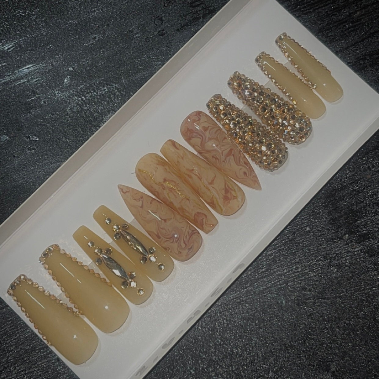 Long Coffin Press On Nails Nude Marble And Gold Bling 12pc Set Etsy