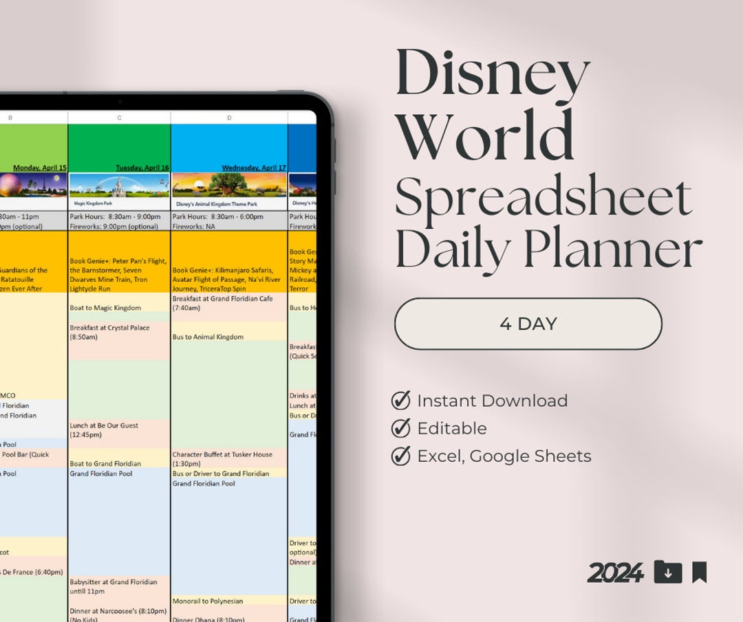 WDW Daily Vacation Spreadsheet Planner 4 Days - Etsy