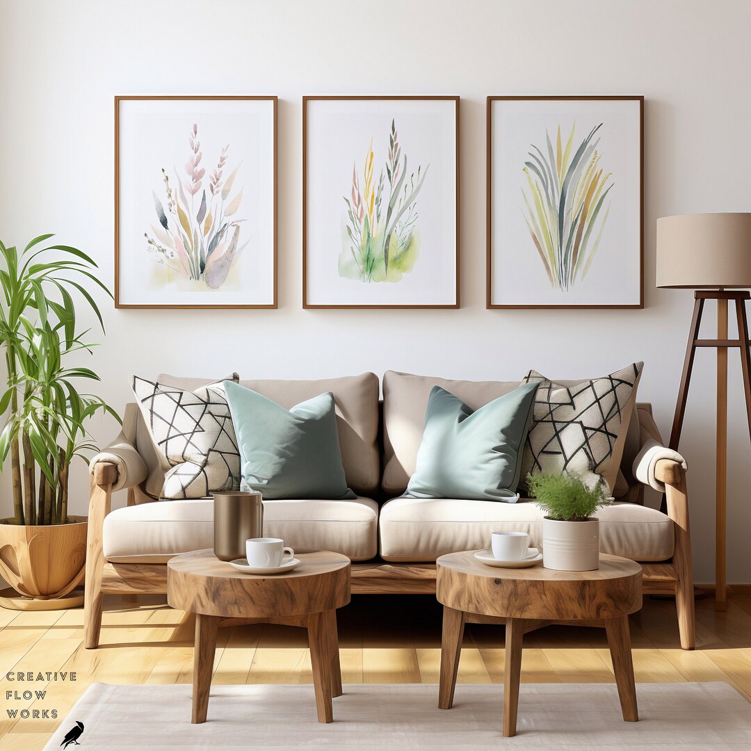 Boho Meadow Grass Watercolor Art Prints Pale and Warm Tones, Bohemian Home Decor, Botanical ...