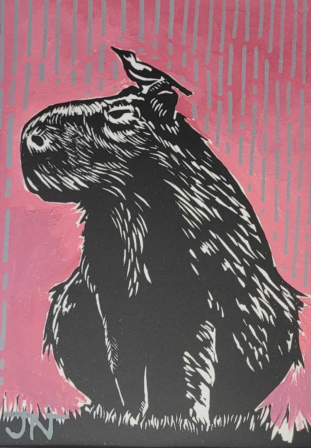 Capybara Original Linocut Print With Hand Painted Details for One of a ...