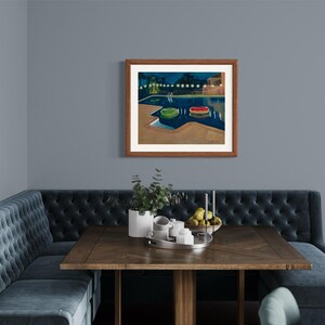 Night Pool Scene Art Print String Lights Decor Landscape Art Hot Night ...