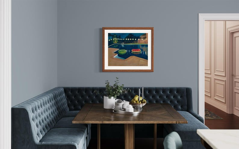 Night Pool Scene Art Print String Lights Decor Landscape Art Hot Night ...