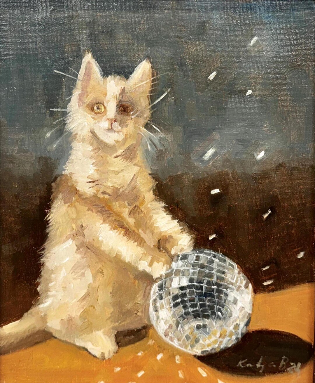 Cat With Disco Ball Art Print Cute Kitten Playful Light Reflection Poster Whimsical Cat Art for ...
