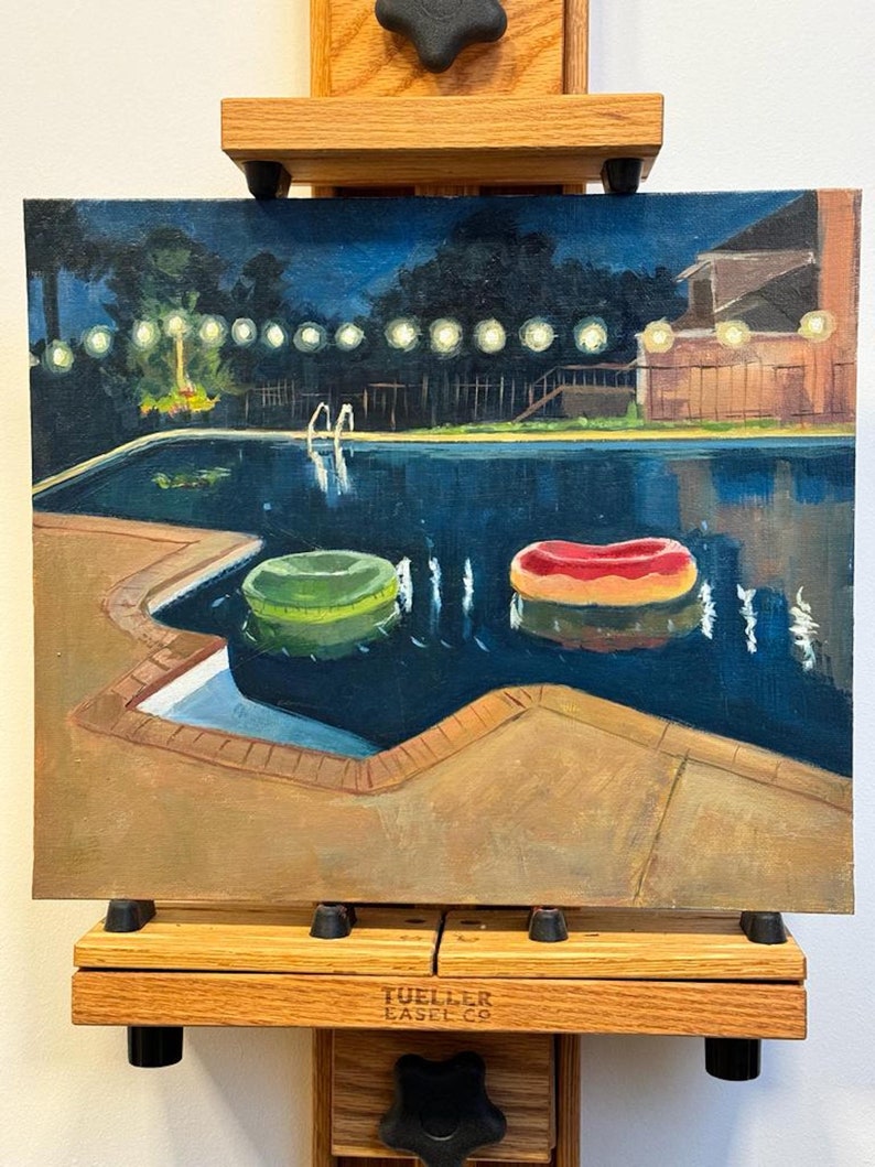 Night Pool Scene Art Print String Lights Decor Landscape Art Hot Night ...