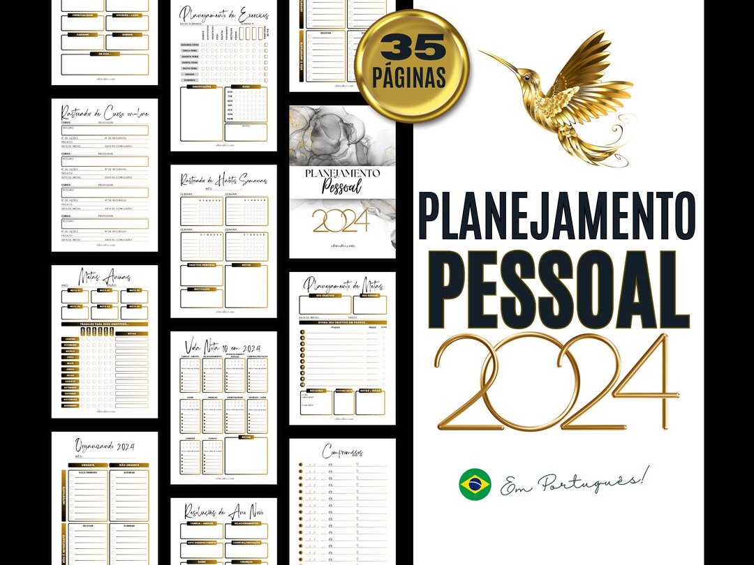 Personal Planner 2024 Black and Gold in Portuguese, Personal Planning ...