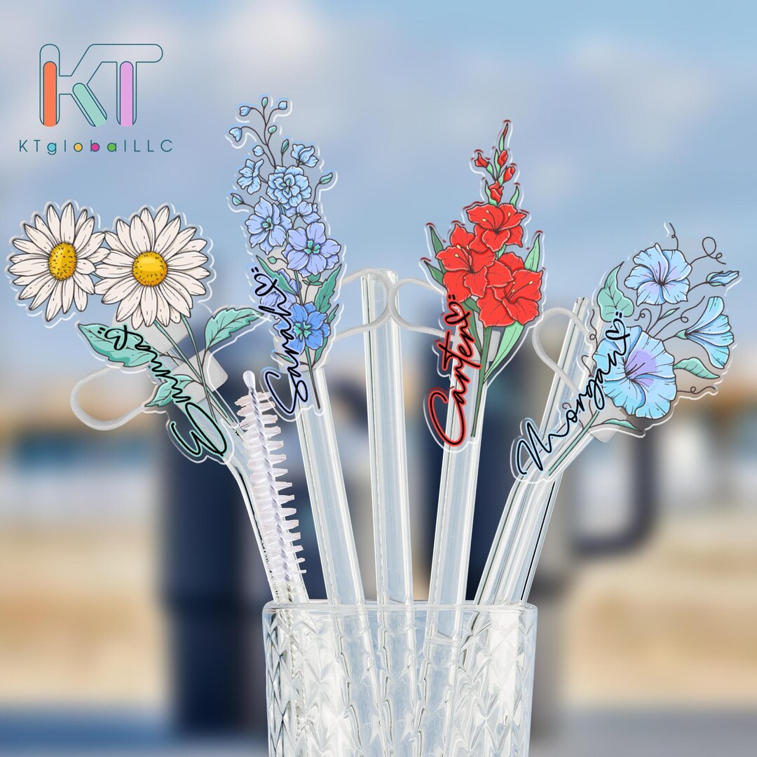 Personalized Birth Flower Straw Topper, Custom Name & Flower Straw ...