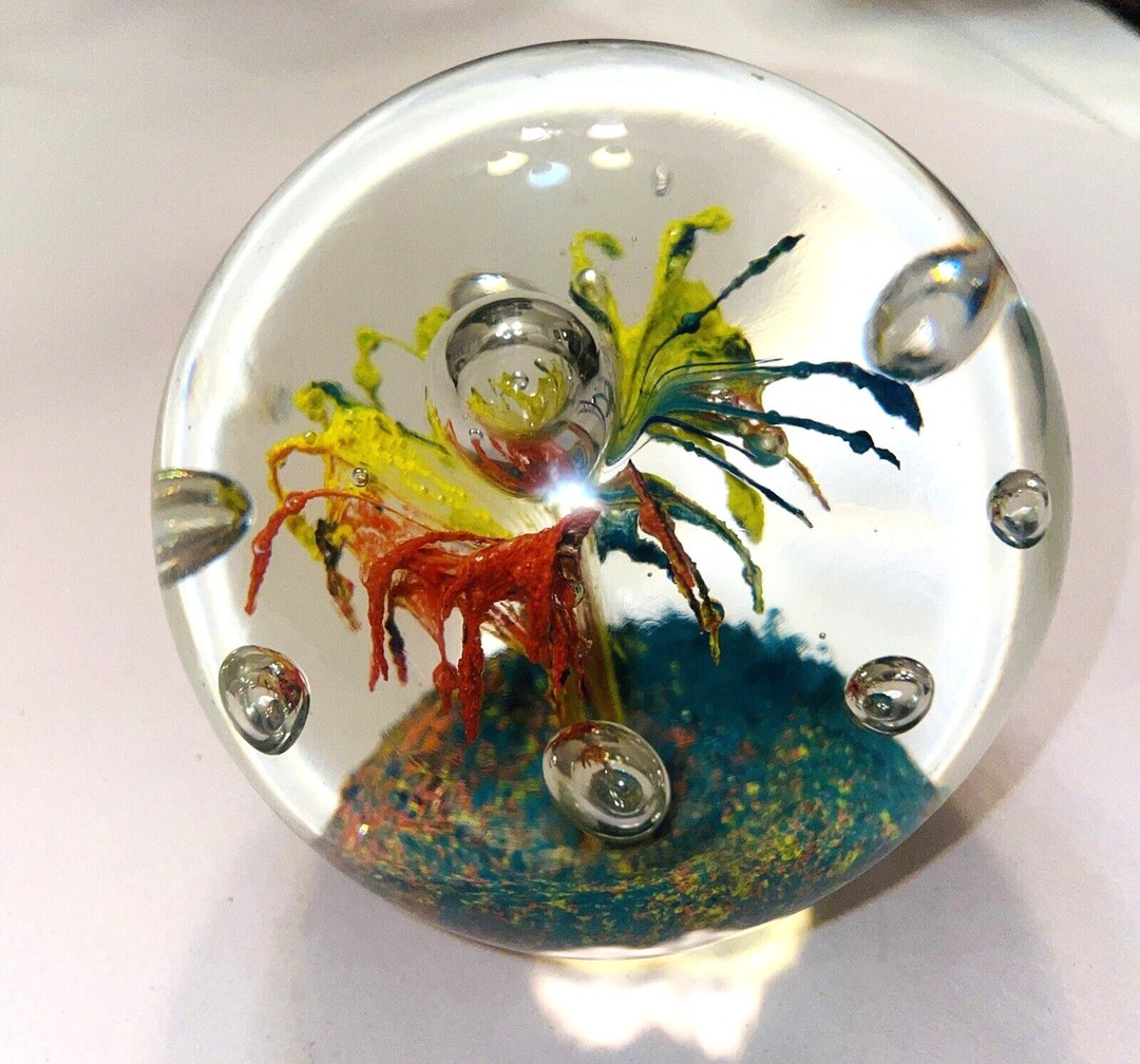 VTG Large Round Art Glass Paperweight Controlled Bubbles Multi Colored ...