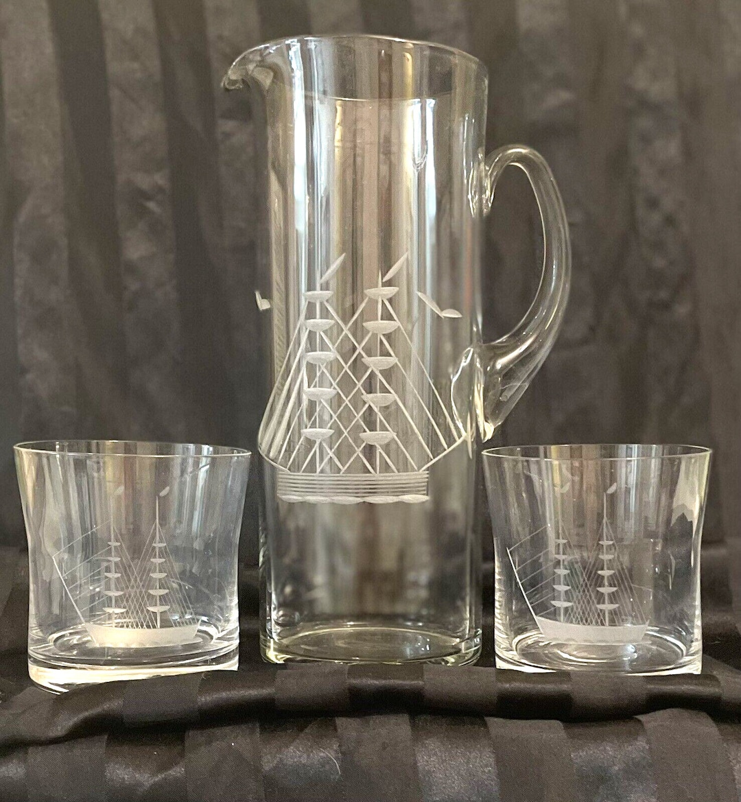 Javit Hand Cut Crystal Clipper Ship Pitcher & 2 on the Rocks Glasses ...