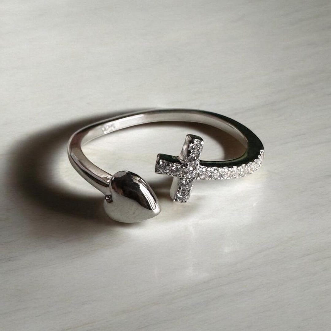 Sterling Silver Heart Cross Ring: Clear CZ Faith Jewelry - Etsy