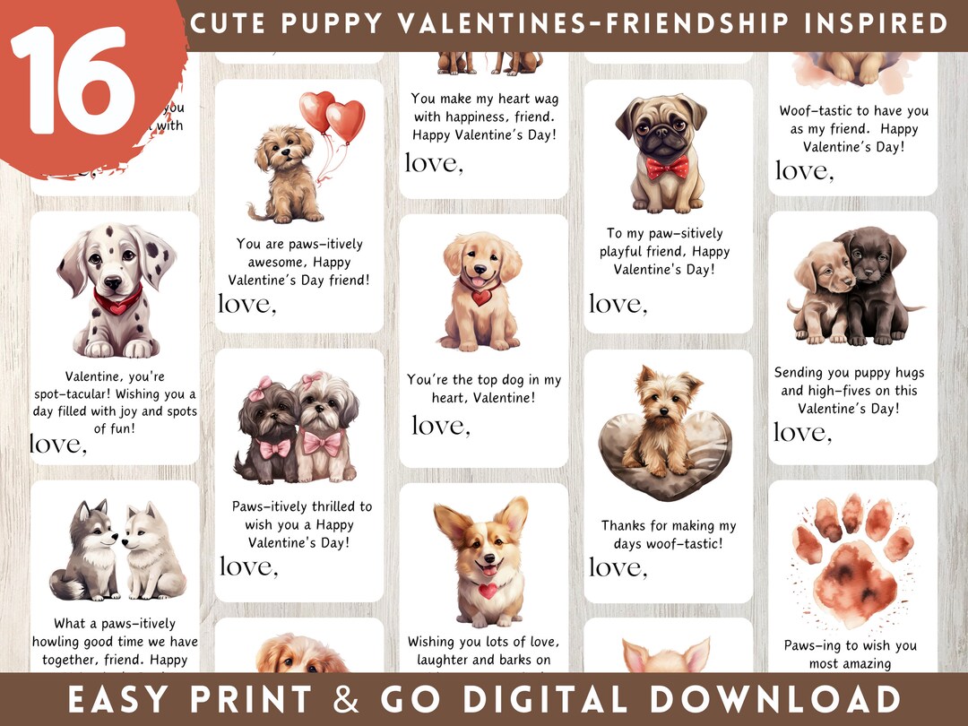 Printable Dog Valentine Day Cards, Classroom Valentine Cards, Classroom ...