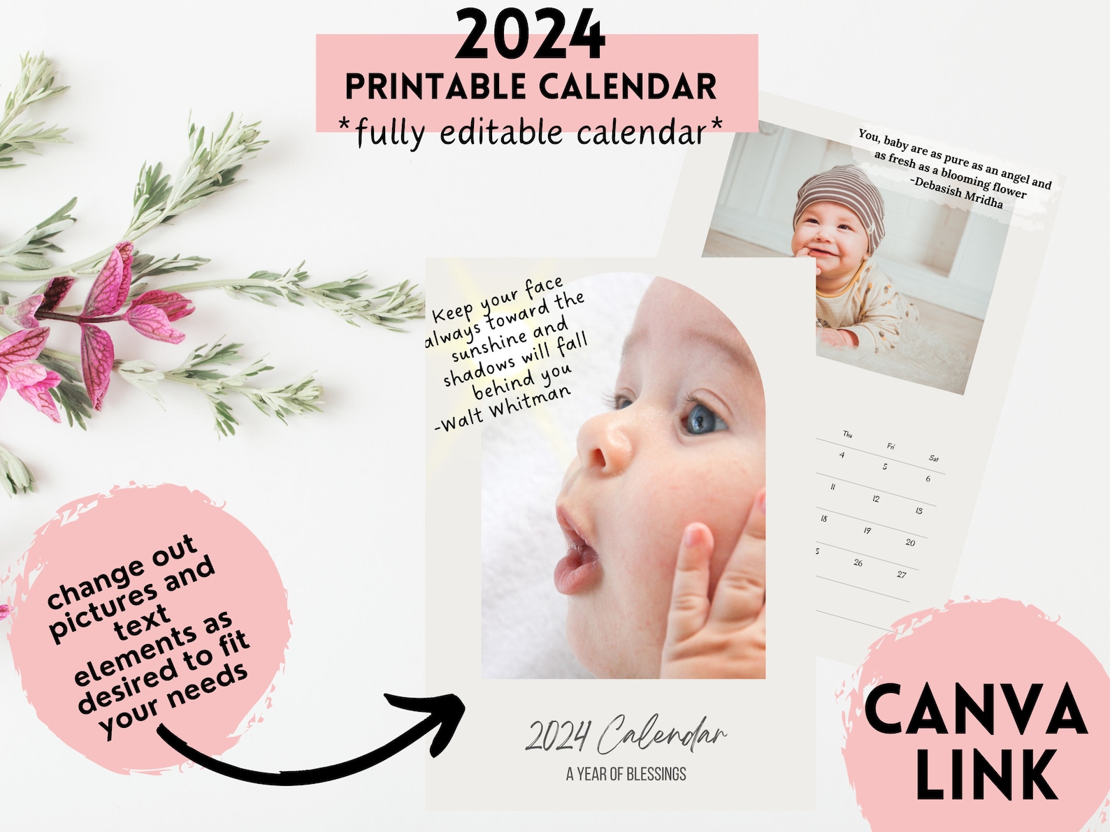 Editable Calendar Template/ 2024 Calendar/ Inspirational Calendar ...