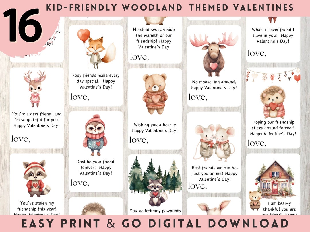 Valentines Day Cards, Printable Valentine, Woodland Theme, Classroom ...