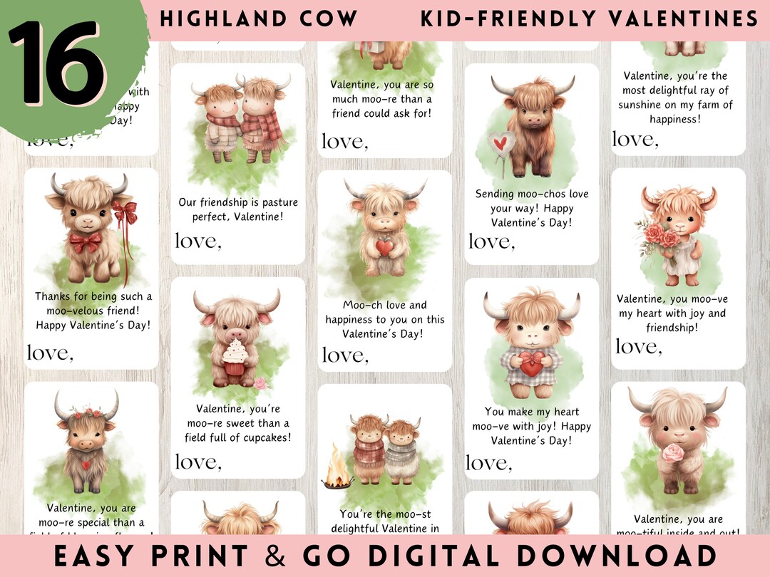 Kids Classroom Valentines, Printable Cards, Highland Cow, Classroom ...