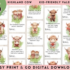 Kids Classroom Valentines, Printable Cards, Highland Cow, Classroom ...