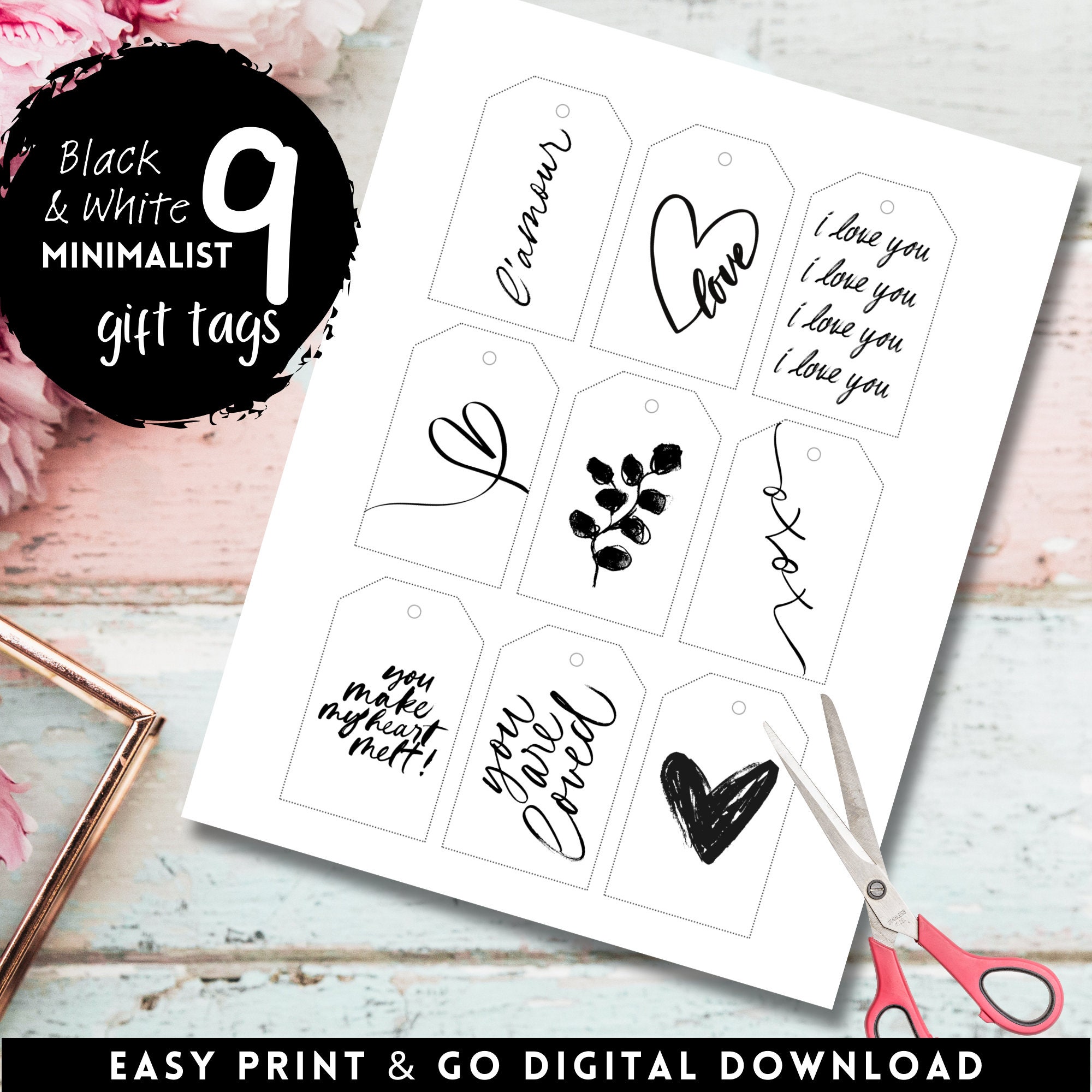 Minimalist Love Gift Tags, Printable Gift Tags, Black and White, Adult ...