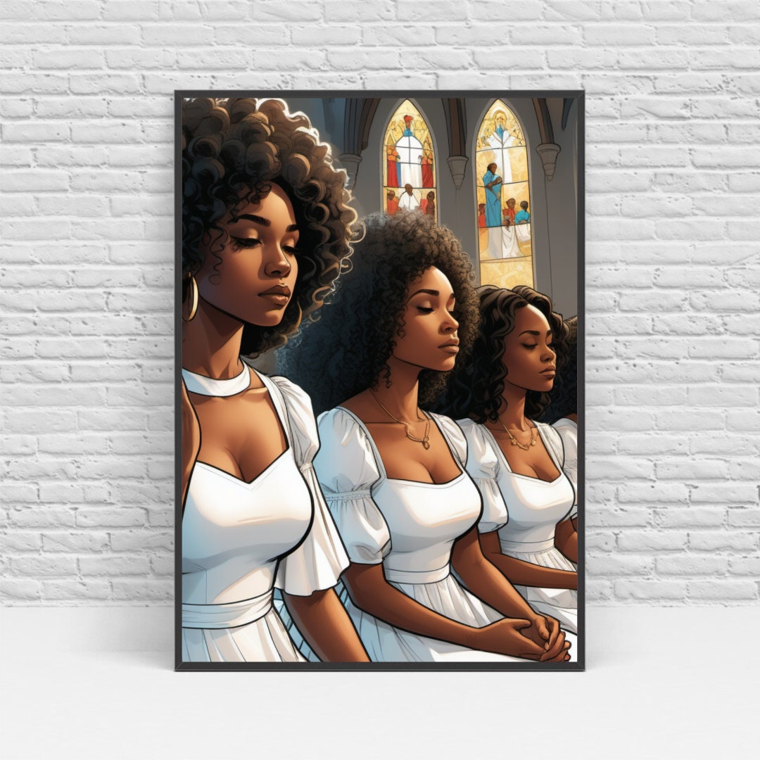 Praying Sistas DIGITAL DOWNLOAD Christian Minimalist in Church Praying ...