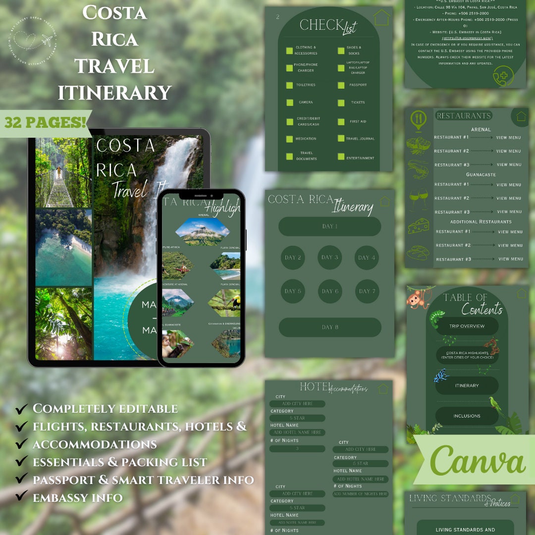 Costa Rica Travel Itinerary | Mobile Itinerary | Trip Itinerary Canva ...