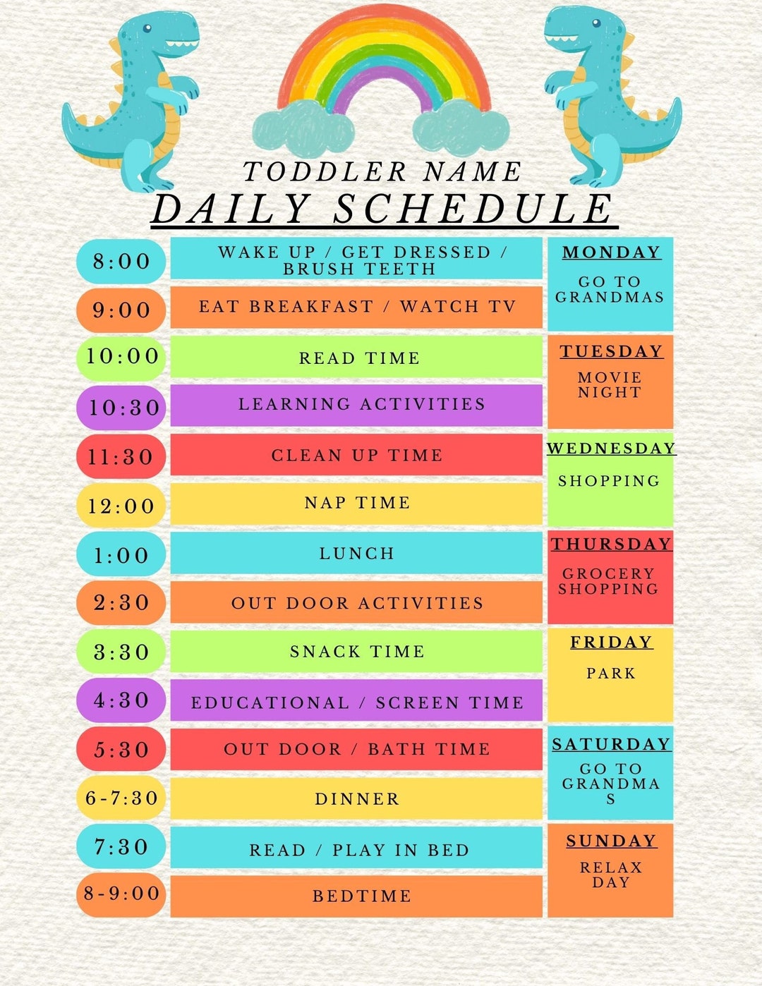 Toddler/kids Daily Schedule (boy Version) - Etsy