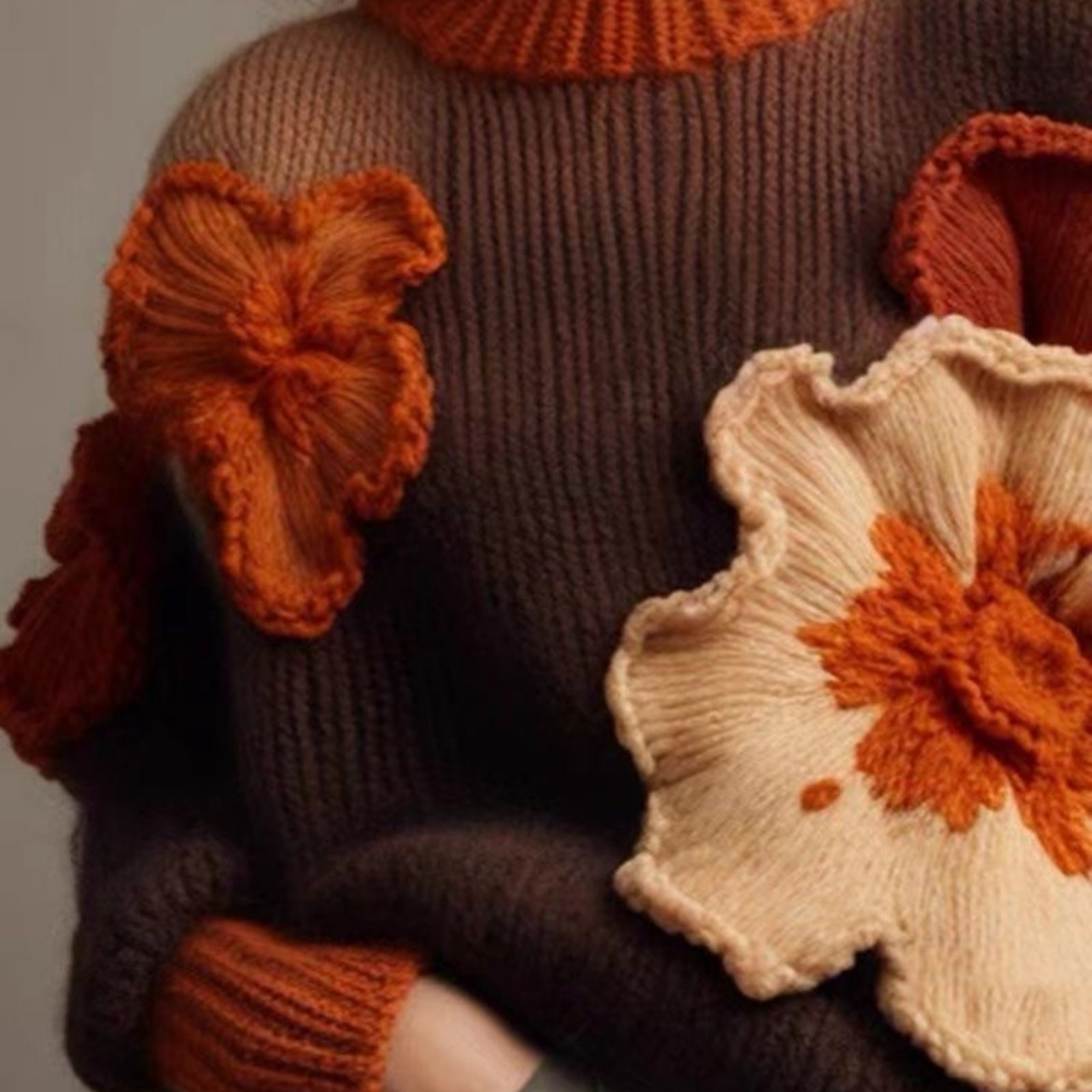 Age Reduction Pretty Foreign Style Heavy Crochet Brown Flower Sweater ...