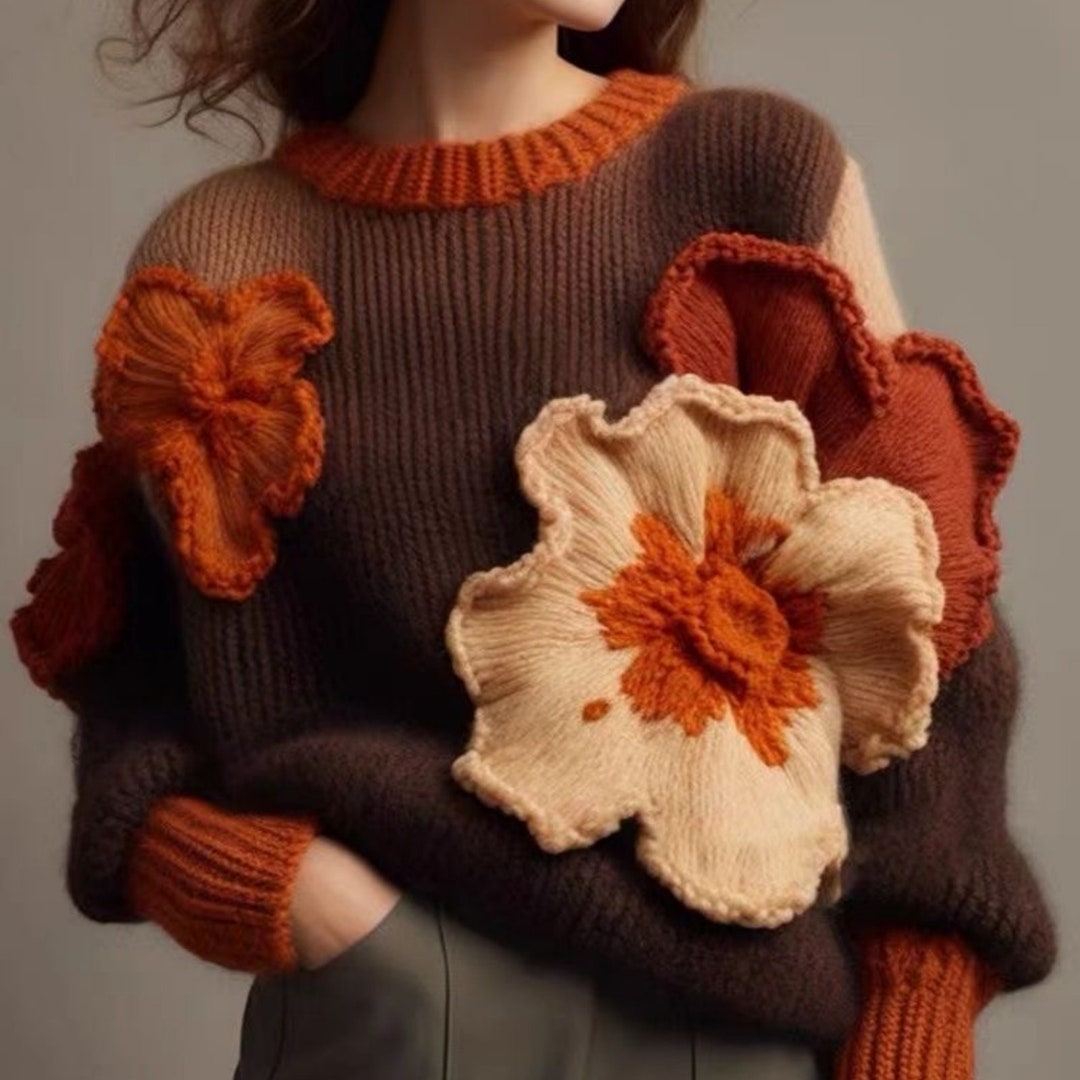 Age Reduction Pretty Foreign Style Heavy Crochet Brown Flower Sweater ...