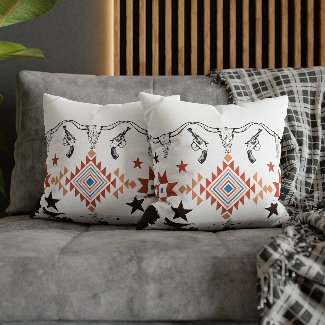 Cow Hide Aztec Long Horn Country Western Spun Polyester Square Pillow ...