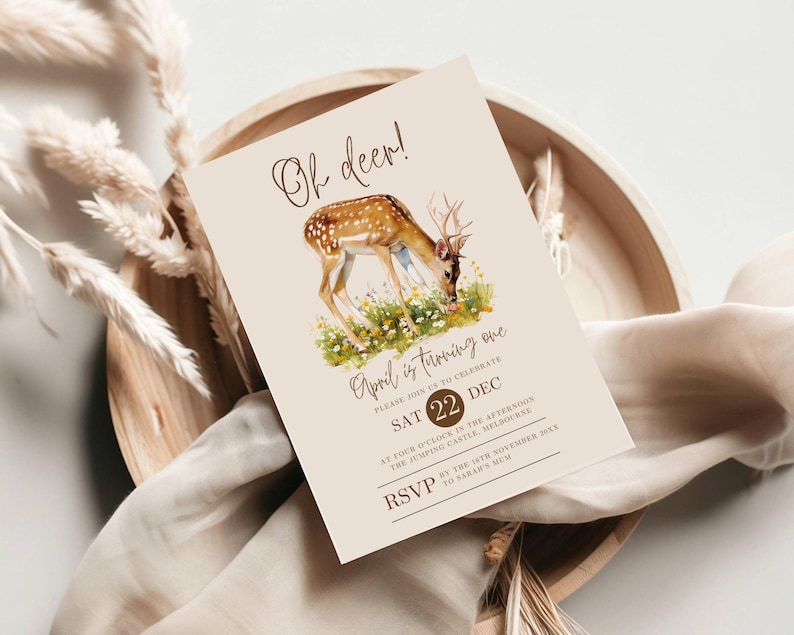 Oh Deer Birthday Invitation Woodland Deer Birthday Invitation Wildflowers Design Editable For