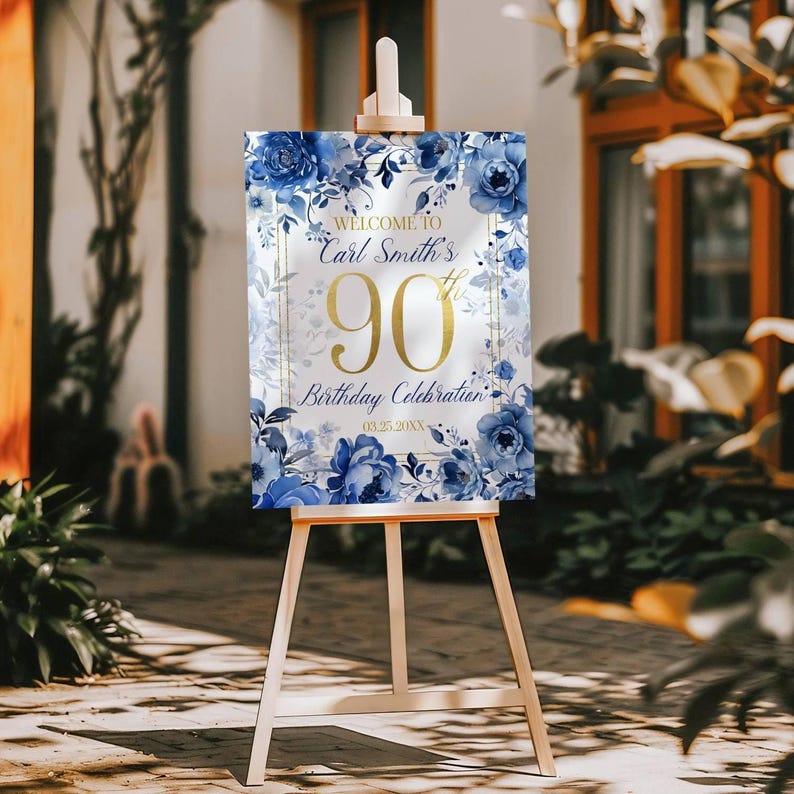90th Birthday Welcome Sign: Blue Floral, Customizable Template - Etsy