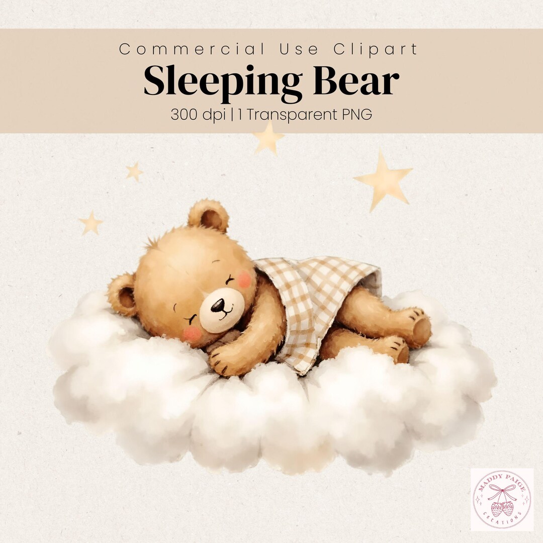 Sleeping Bear Clipart, Cute Teddy Bear Art, Digital Download for Baby ...