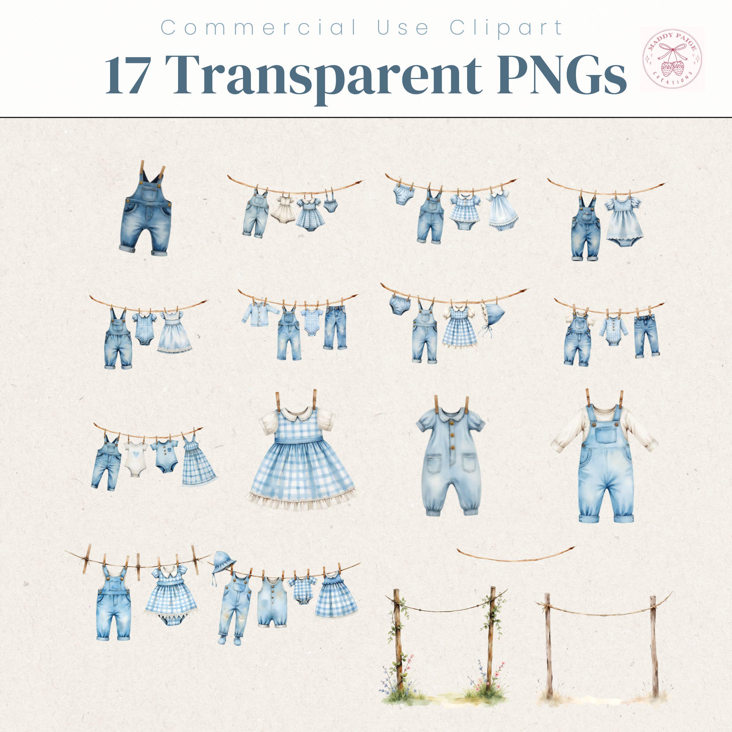 Blue Baby Clothesline Clipart: Denim & Gingham Pngs (commercial Use ...