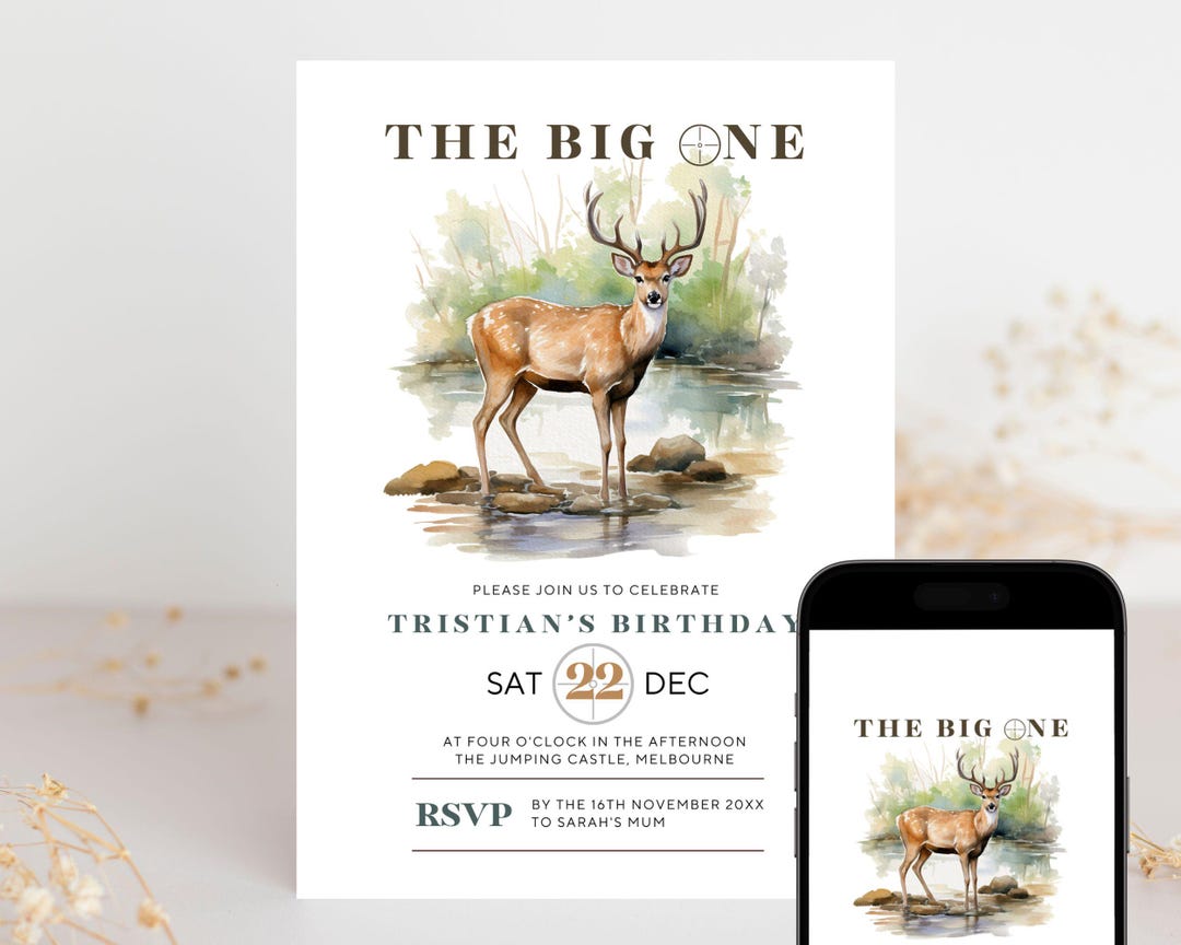 Hunting First Birthday Invitation: Watercolor Deer (canva Template) - Etsy
