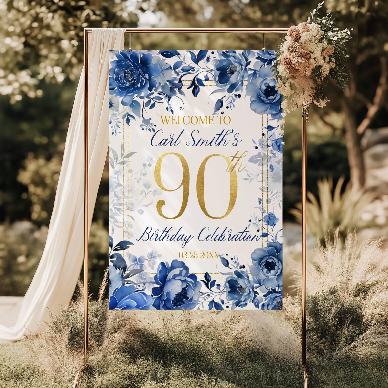 90th Birthday Welcome Sign: Blue Floral, Customizable Template - Etsy