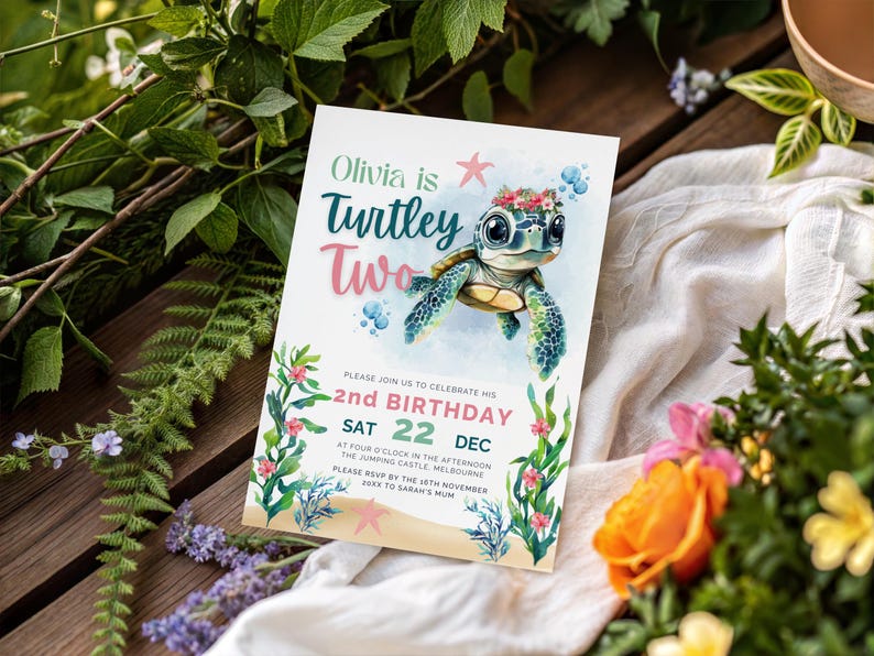 Ocean Sea Turtle 2nd Birthday Invitation, Editable Digital Download ...