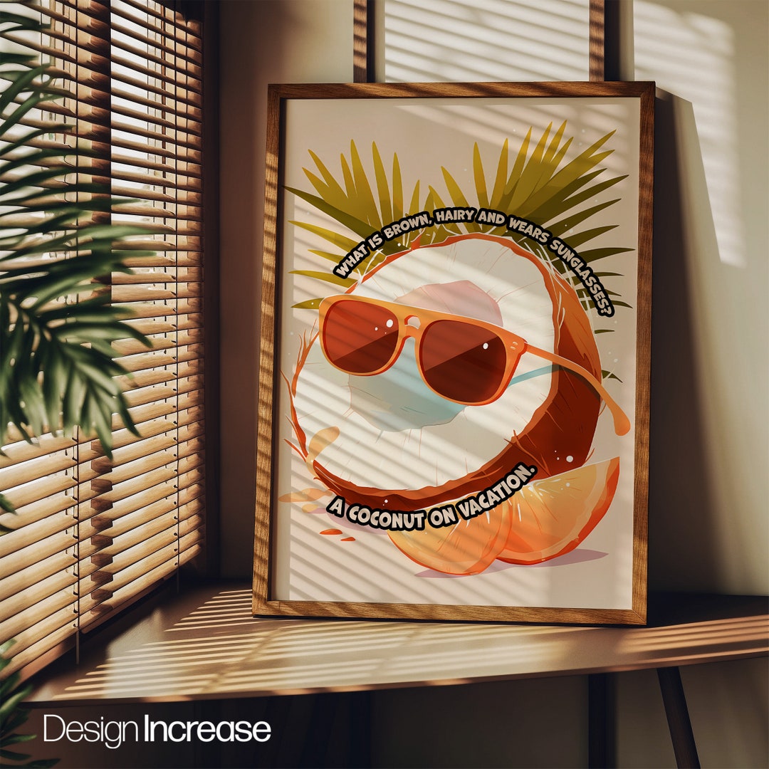 Funny Digital Poster Coconut on Vacation, Retro Funny Joke Poster ...