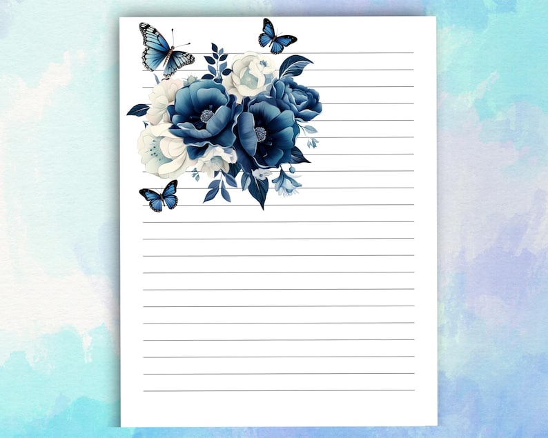 Printable Lined Butterfly Floral Paper, Butterfly Stationery Paper ...