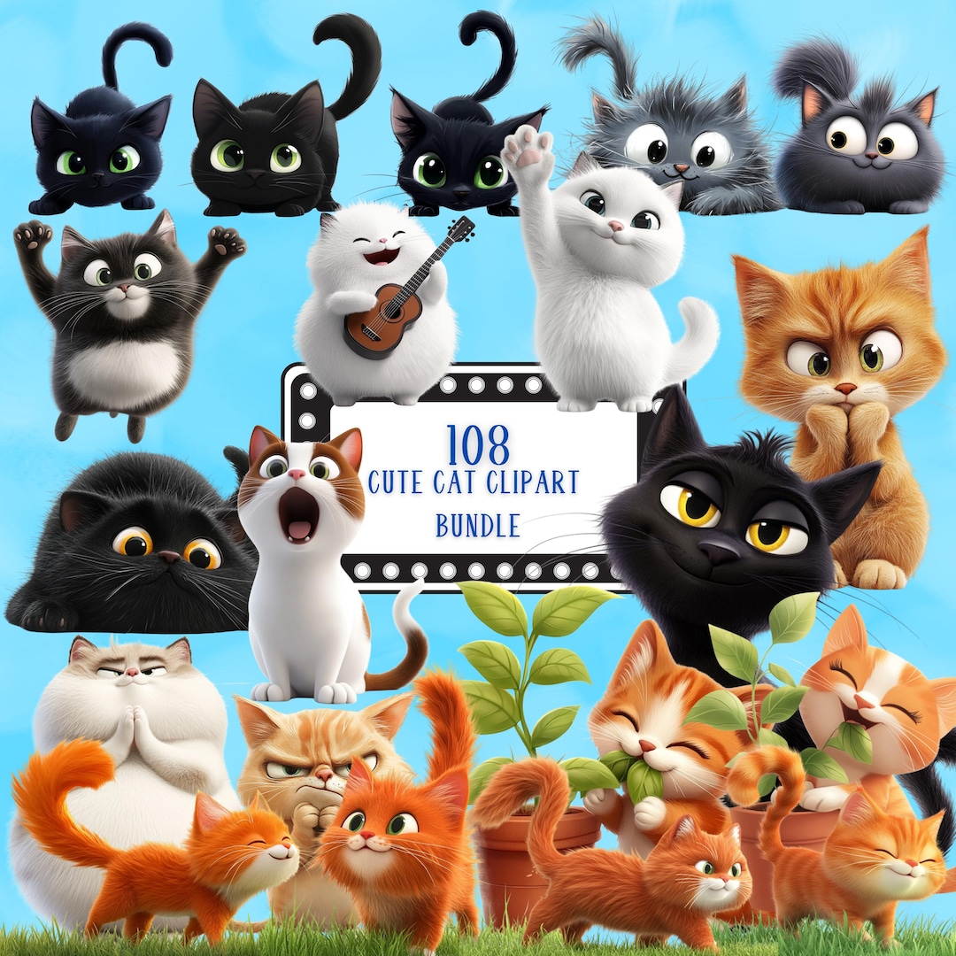 Cute Cartoon Cat Clipart Graphics Bundle, Cats Designs, PNG Sublimation ...