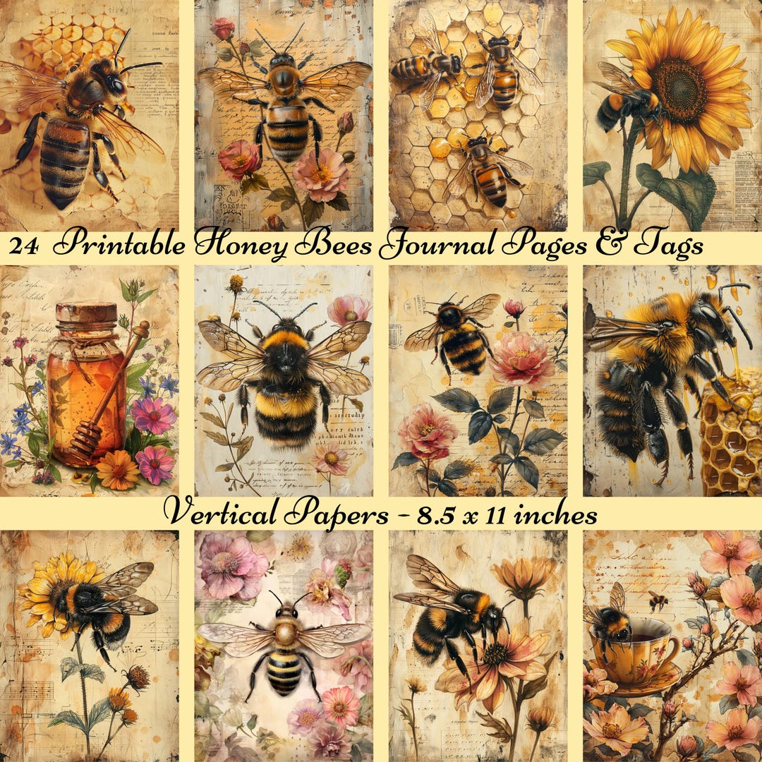 24 Papers, Bee, Beige, Flower, Bees, Honey Jar, Beehive, Junk Journal ...