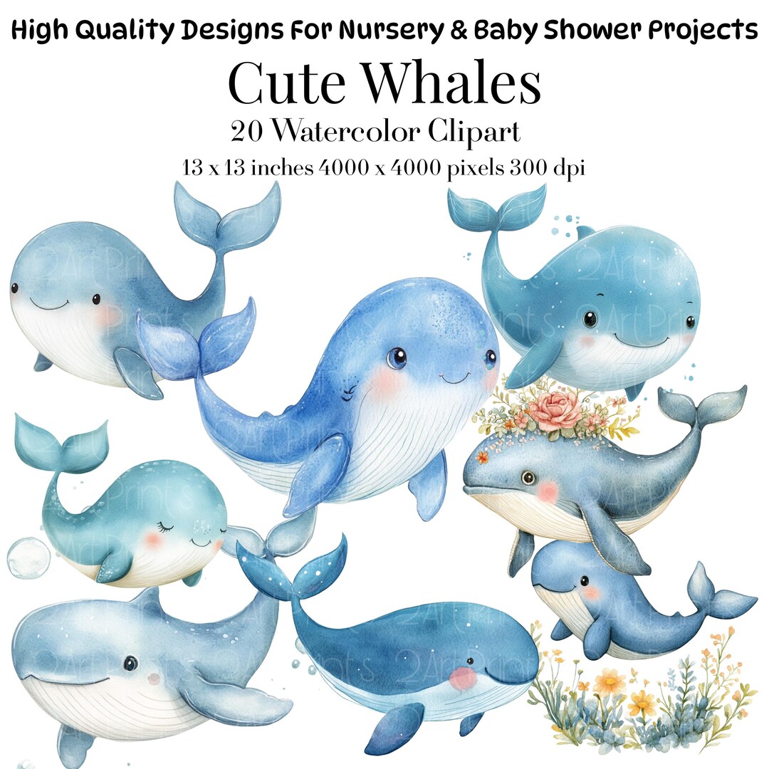 Cute Ocean Baby Whales Undersea Clipart Watercolor Designs Bundle ...