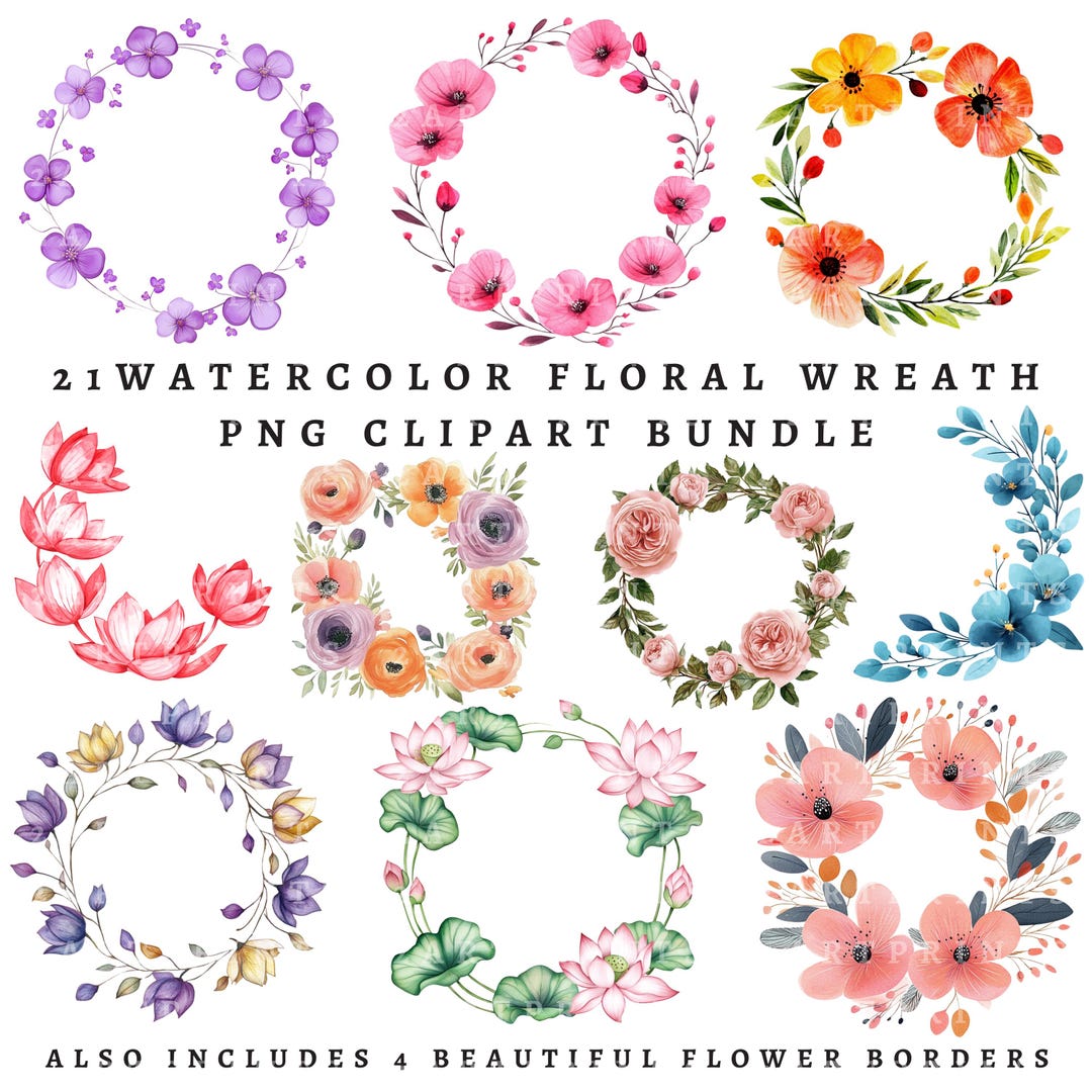 21 Watercolor Floral Wreath Clipart Png Bundle, Wildflower Floral Frame ...