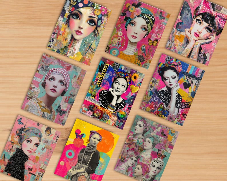 48 Ladies Mixed Media Collage Paper | Printable Whimsical Women ...