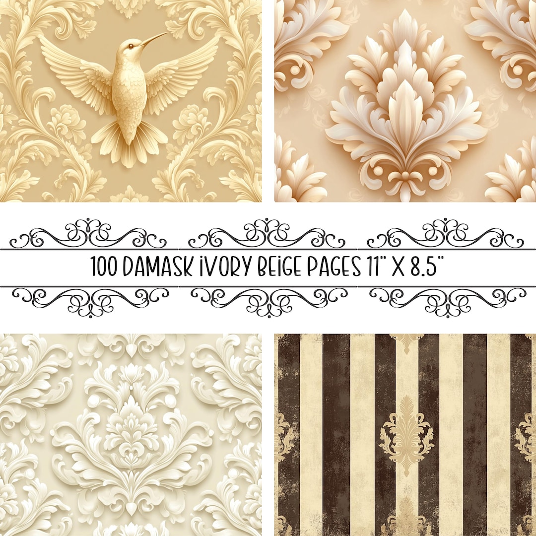 100 Damask Ivory Beige Papers Printable | Neutral Collage Paper Bundle ...